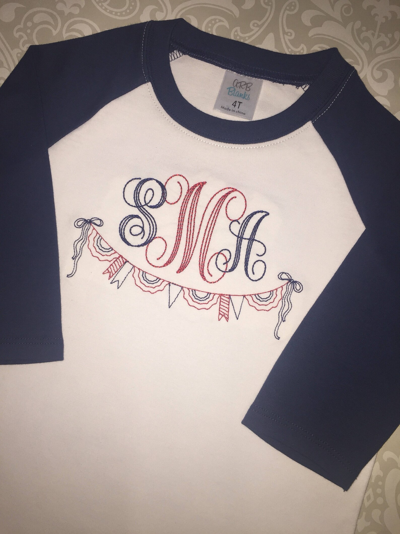 Patriotic Monogram Raglan Tee Shirt, Red White Blue Monogrammed Navy ...