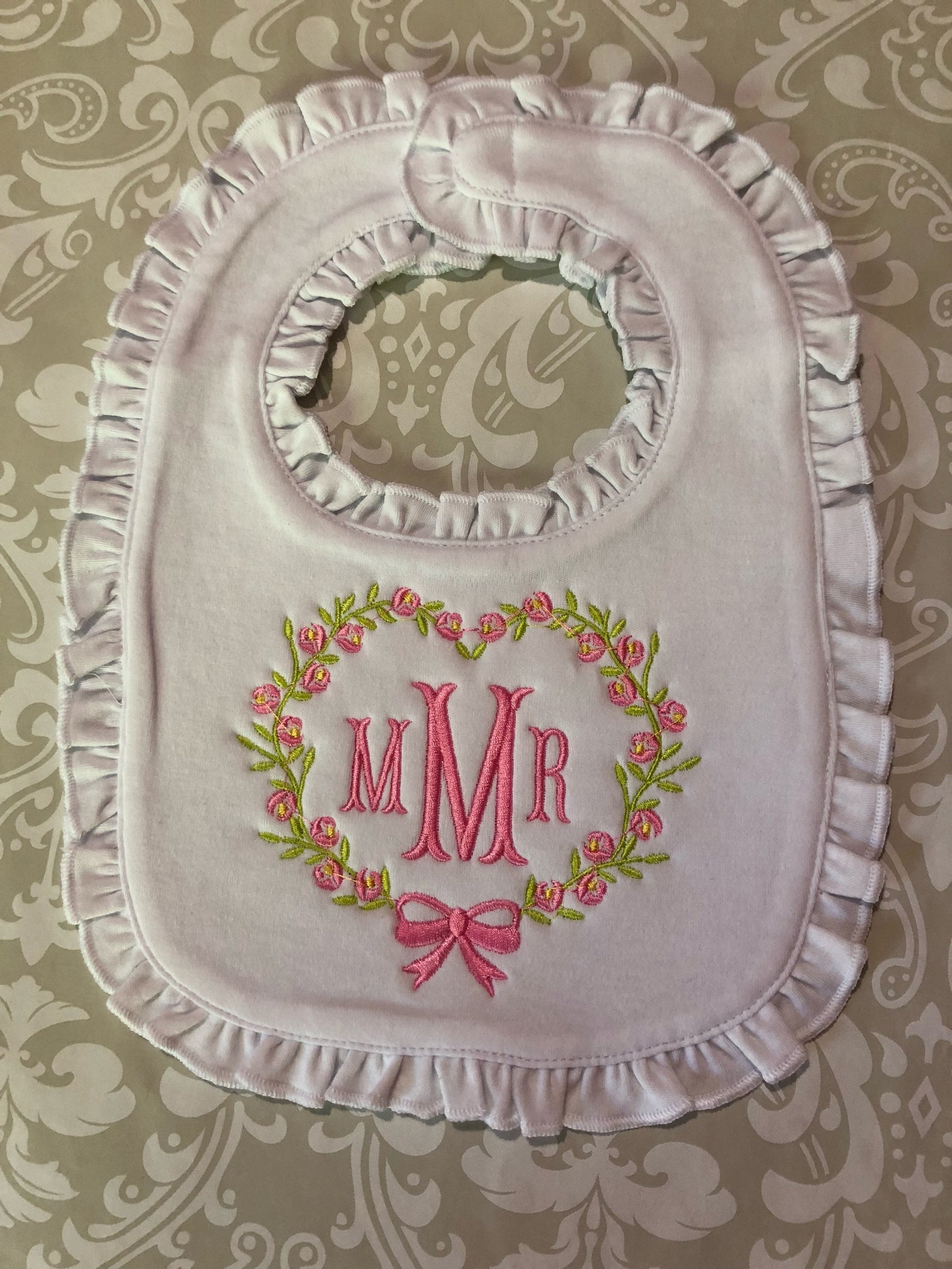 Monogram Baby Girl Gown, Monogram Ruffle Bib, Floral Monogram Burp ...
