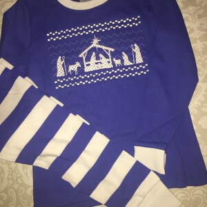 Christmas Holiday Pajamas With Faux Smocked Nativity, Blue and White ...