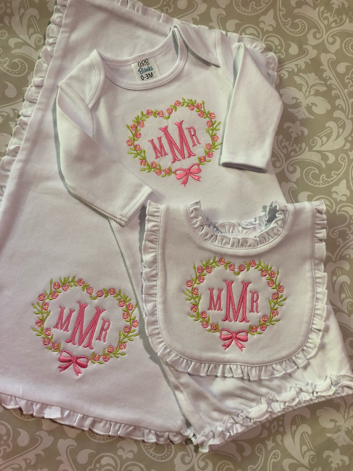 Monogram Baby Girl Gown, Monogram Ruffle Bib, Floral Monogram Burp ...