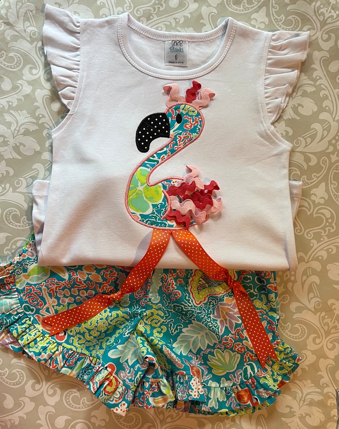 Flamingo Applique Shorts Set, Ribbon Flamingo Outfit, Ruffle Shorts ...