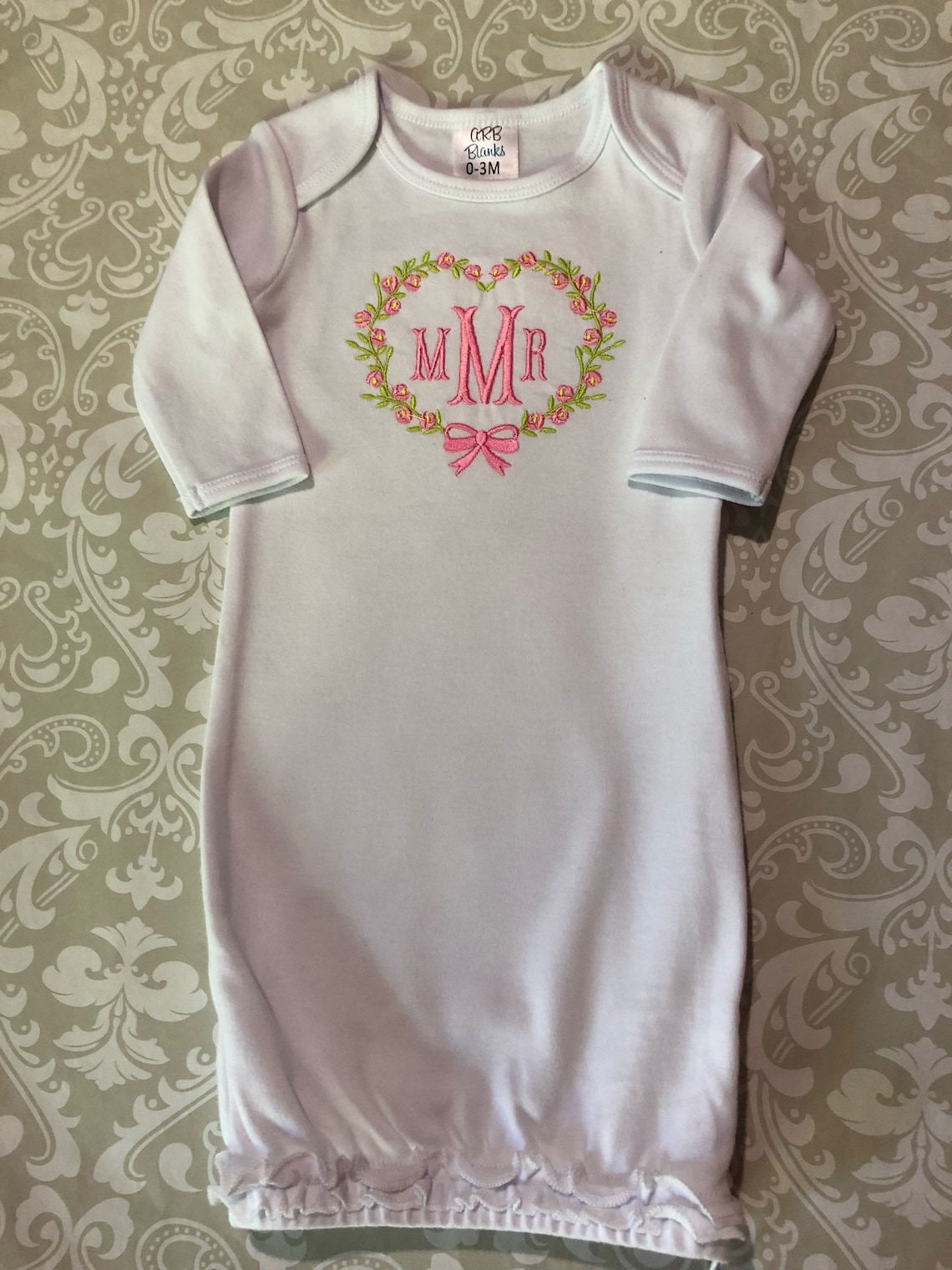 Monogram Baby Girl Gown, Monogram Ruffle Bib, Floral Monogram Burp ...