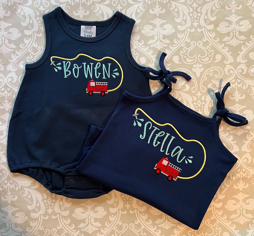 Sibling Monogram Tee, Monogram Fire Truck Romper, Baby Boy Shower Gift ...