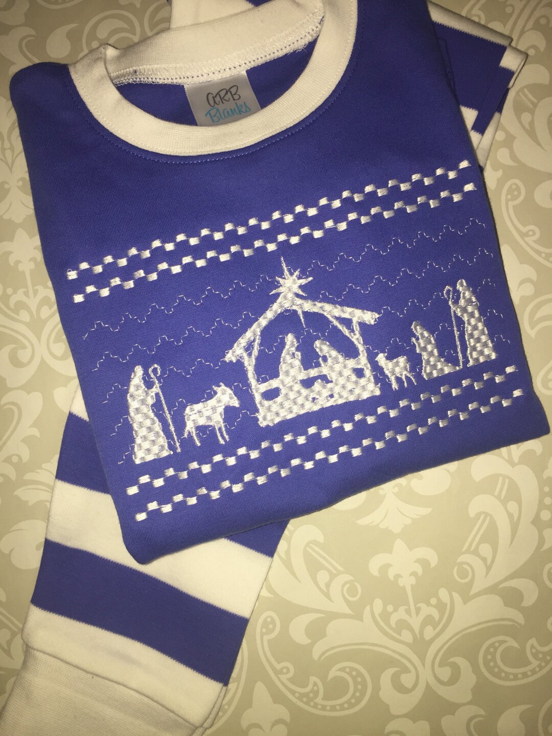 Christmas Holiday Pajamas With Faux Smocked Nativity, Blue and White ...