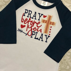 Pray Before You Play Applique Kids Raglan Tee, Kids Baseball Raglan Tee ...