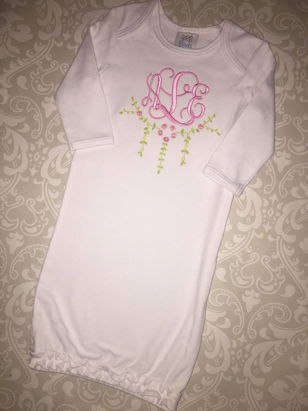 Monogrammed Baby Girl Gown, Floral Embroidered Personalized Infant Gown ...