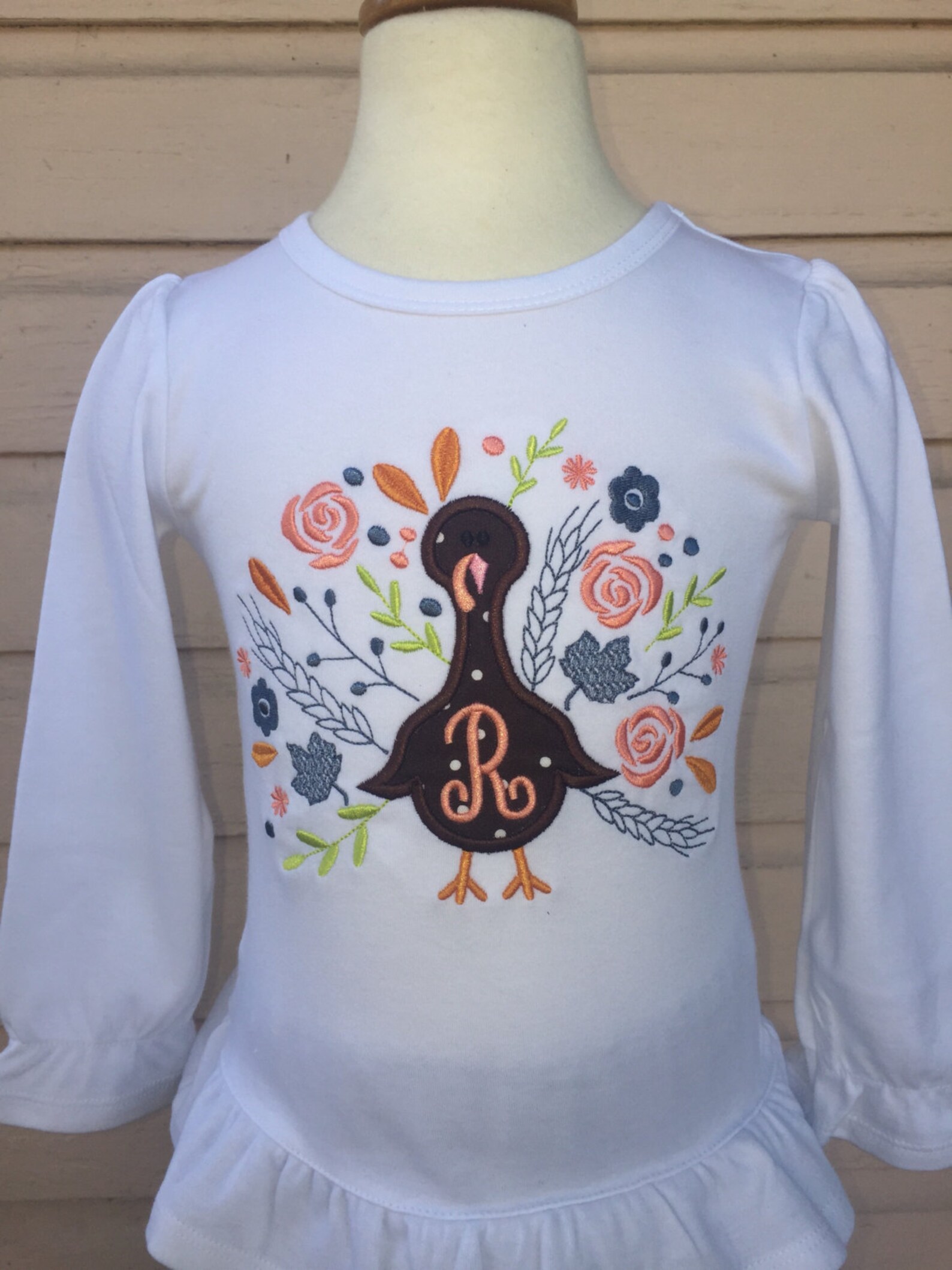 Floral Turkey Applique Shirt With Monogram and Monogram Ruffle Jeans ...
