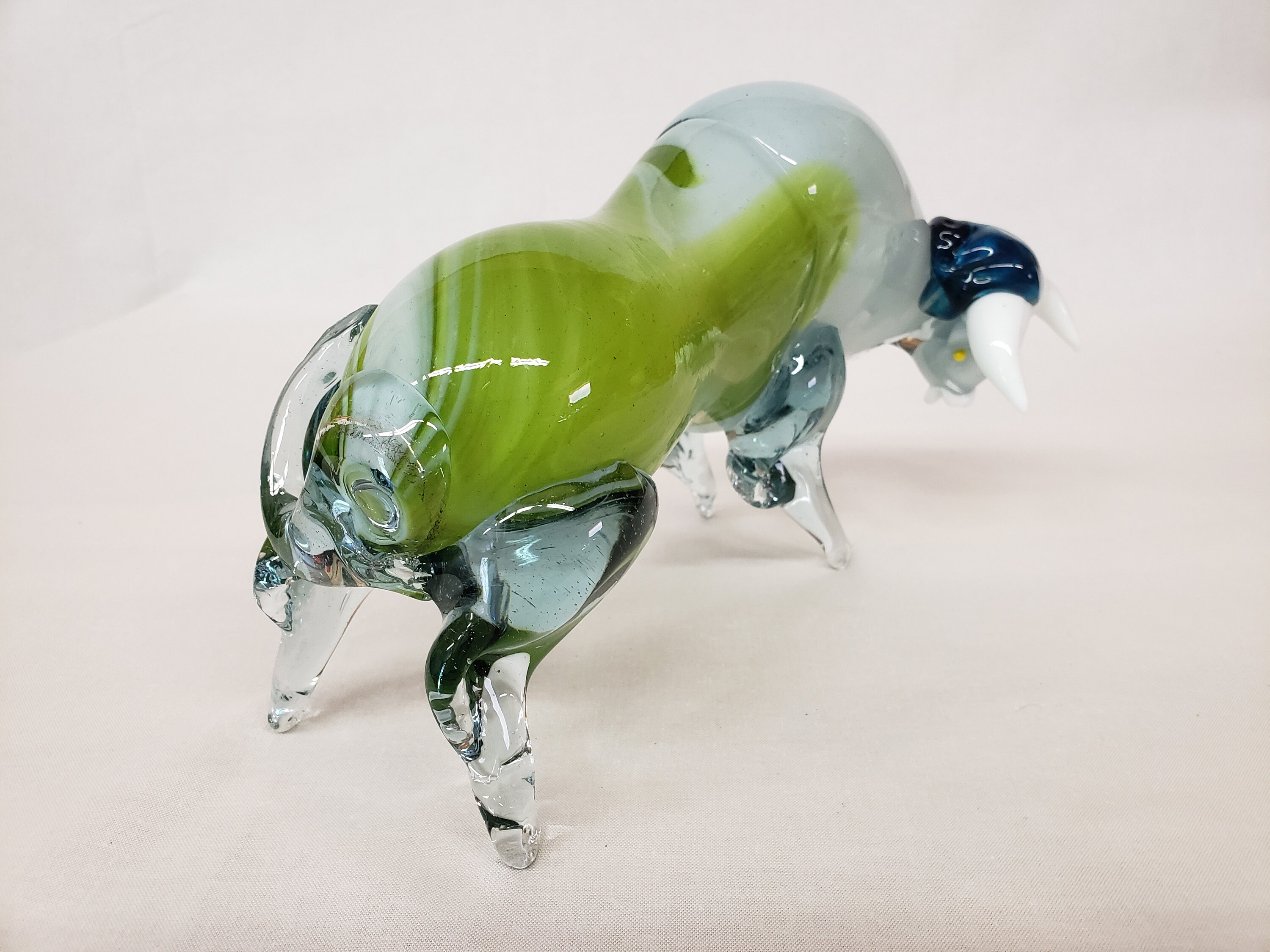 Vintage Murano Glass Bull Green/White/Blue - Blown Glass Work of Art ...