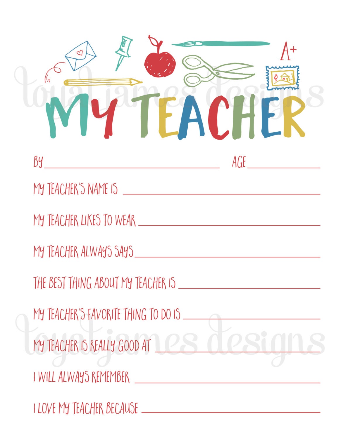 Teacher Appreciation Gift, All About My Teacher, Teacher Gift, Kid ...
