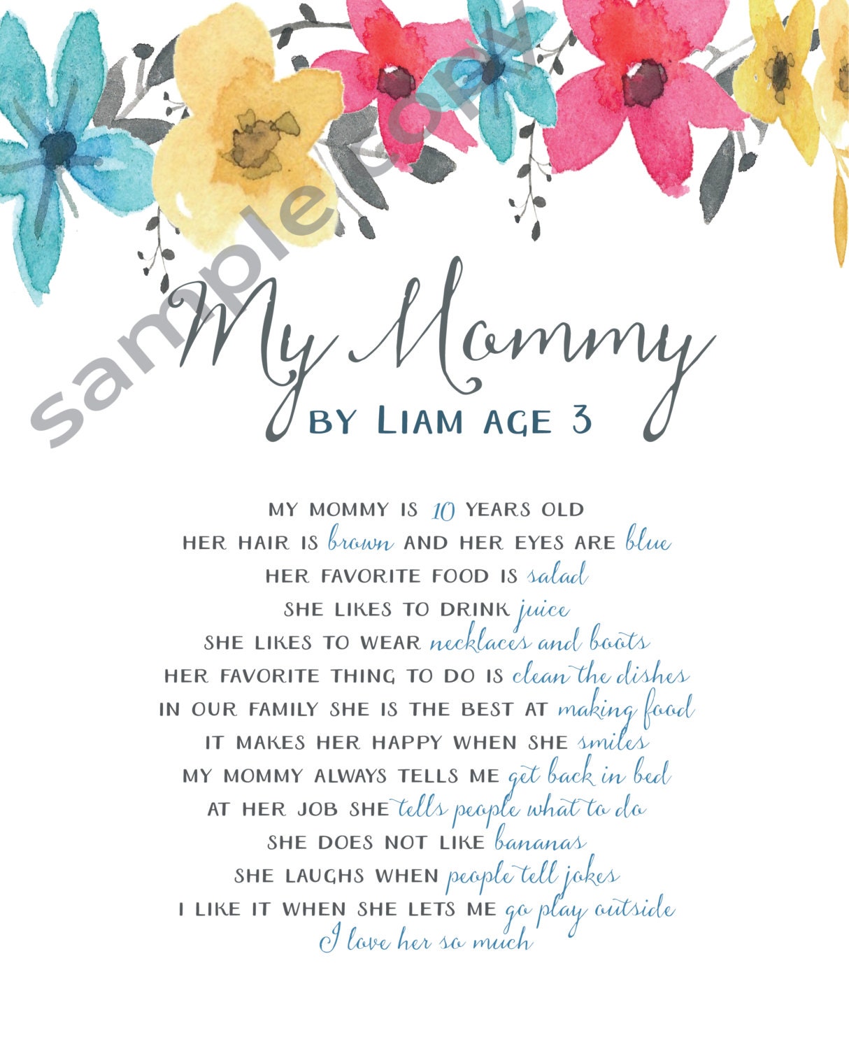 Watercolor All About My Mommy or Grandma Digital Print, Personalized ...