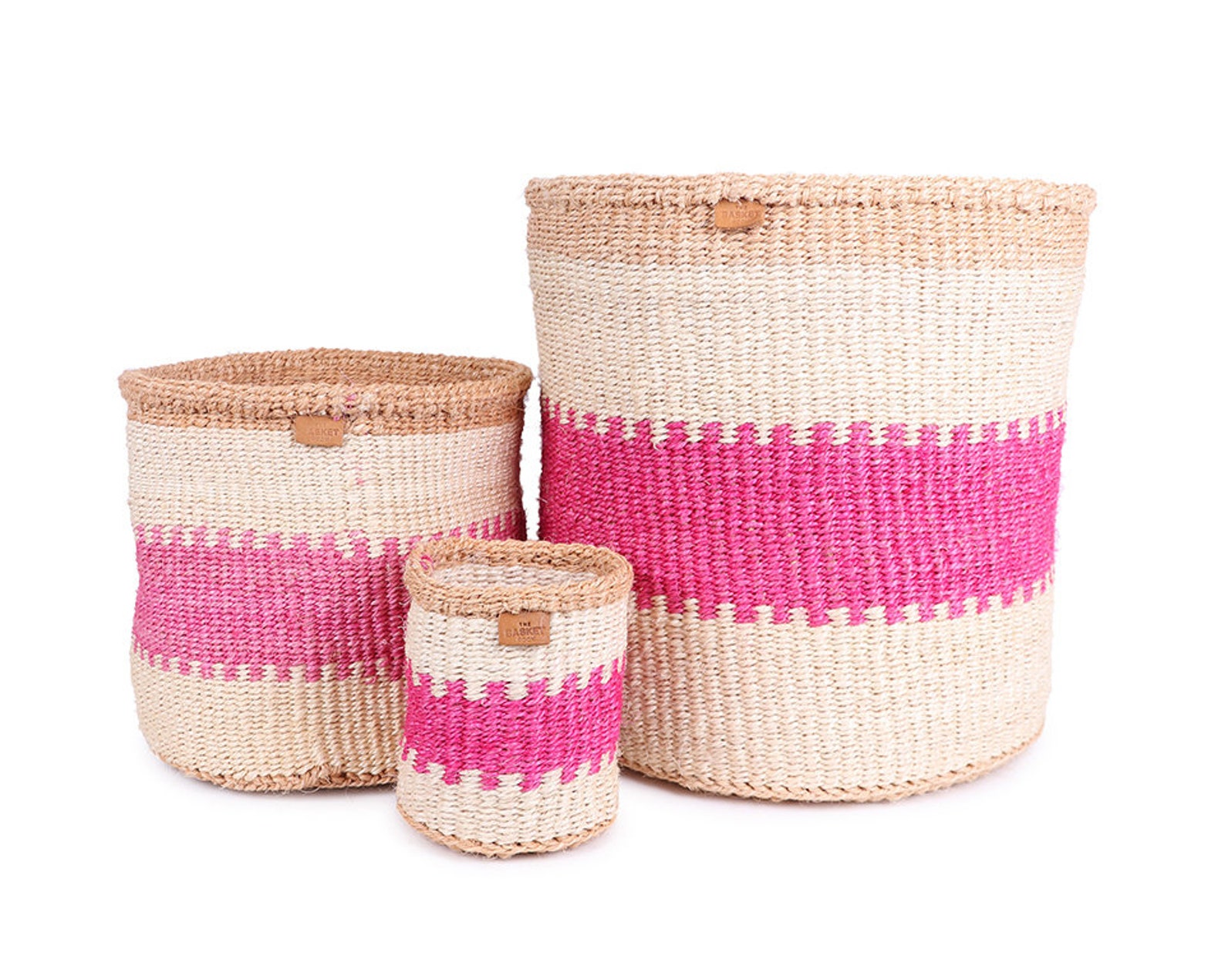 Pink and Natural Storage Basket. Round Colourful Handwoven - Etsy