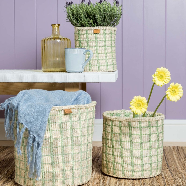 Green Checked Woven Basket – Modern Sisal Storage Basket for Minimalist ...
