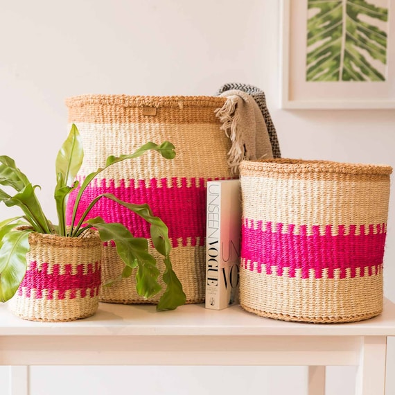 Pink and Natural Storage Basket. Round Colourful Handwoven - Etsy