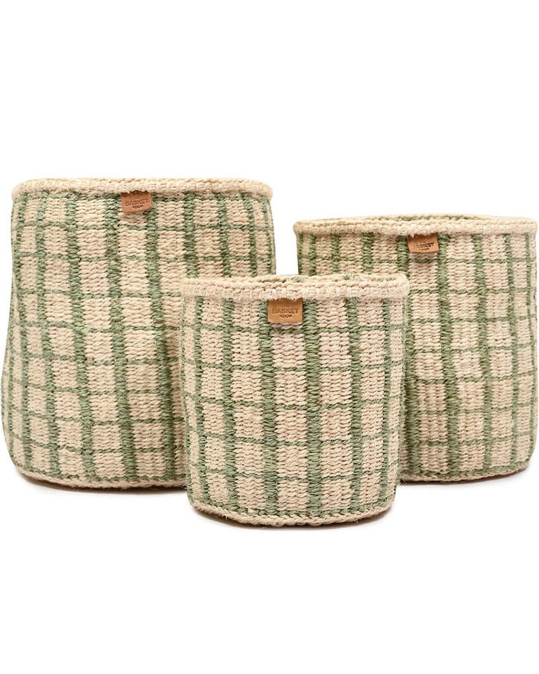 Green Checked Woven Basket – Modern Sisal Storage Basket for Minimalist ...
