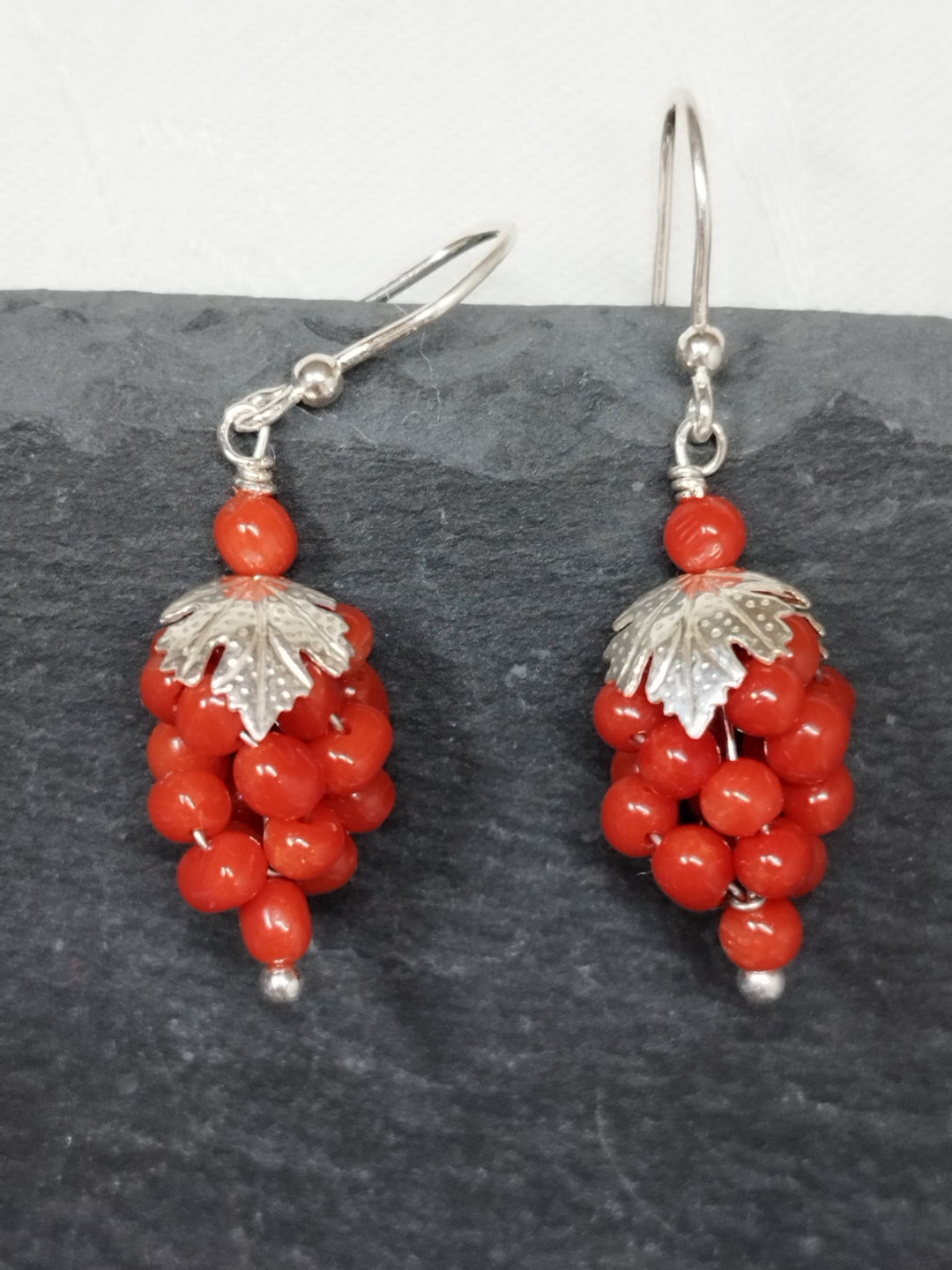 Red Coral Drop Earrings Bunches of Grapes Silver Vintage Mediterranean ...