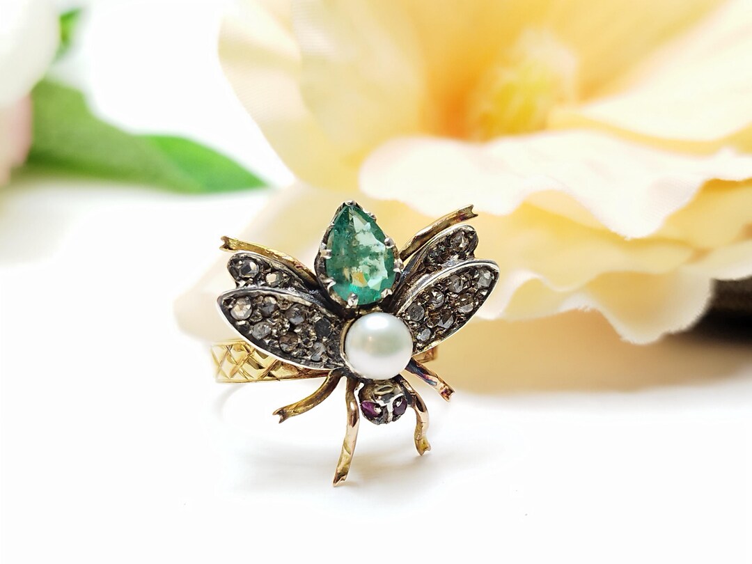 Ring Insect Fly Moth Diamonds Old Mine Cut Emerald Drop Pearl Original ...