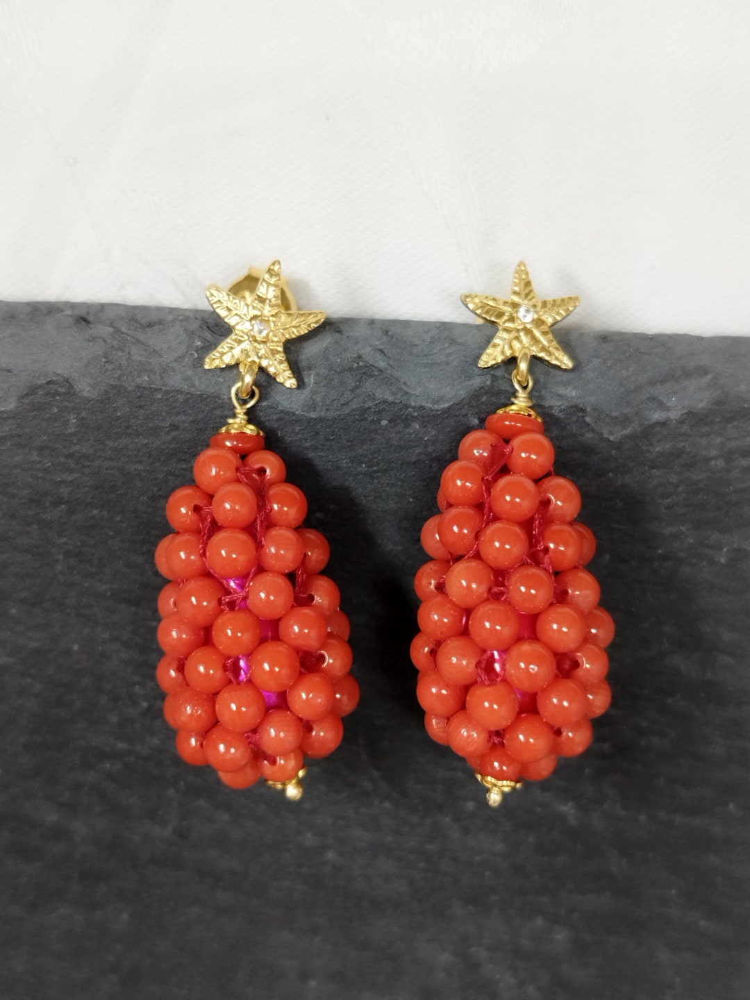 Red Coral Vintage Dangle Earrings Drop Earrings Mediterranean Coral ...