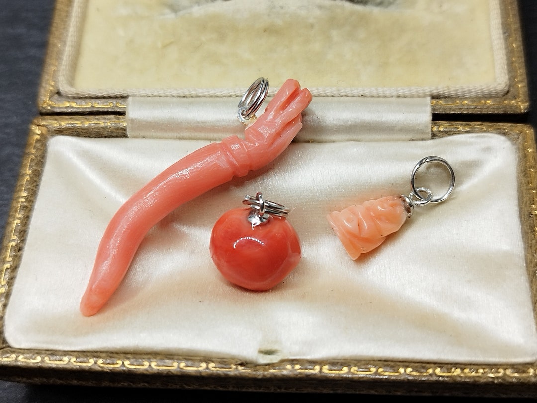 Lot Three Charms Coral Momo Genuine Vintage Pendants Buddha Snake Apple ...