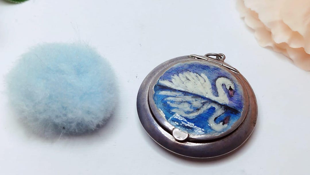 Swan Powder Compact Sterling Silver Polychrome Enamel Pendant With ...