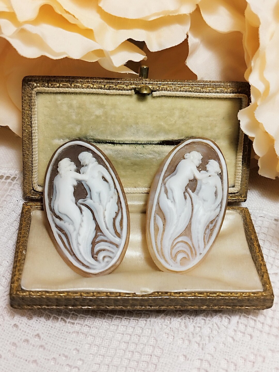 Cameos Pair Antique 19th Century Signed Scene Greek Myth Nymphs Oval ...