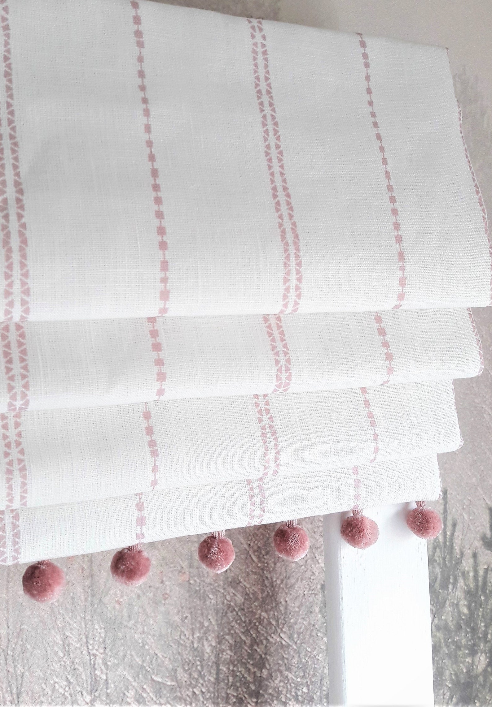 Pink & White Striped Linen Roman Blind With Pom Pom Trim | Etsy