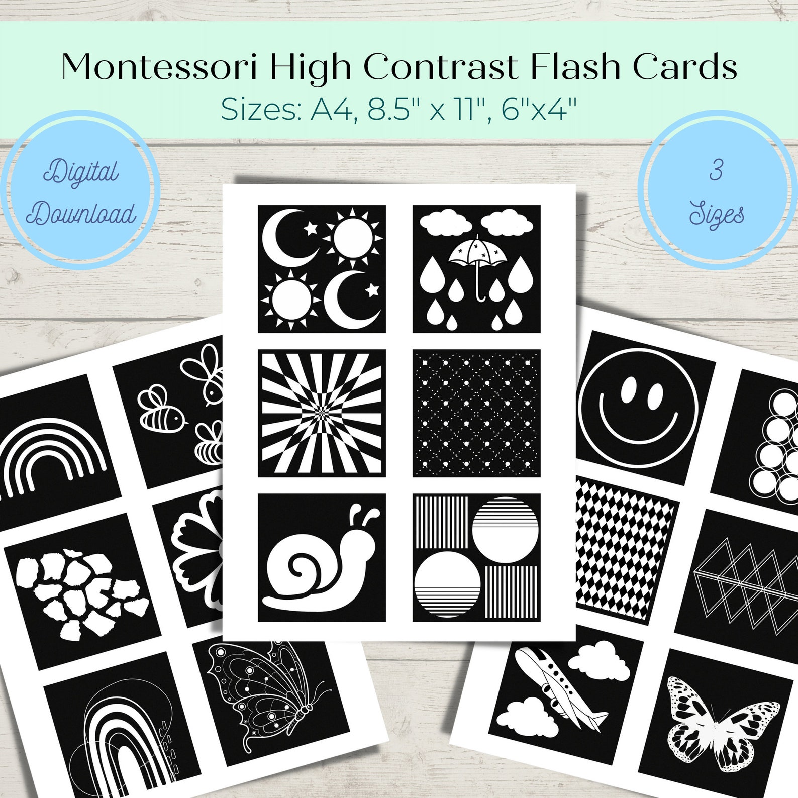 Montessori High Contrast Sensory Baby Flash Cards, Flashcards, Baby ...