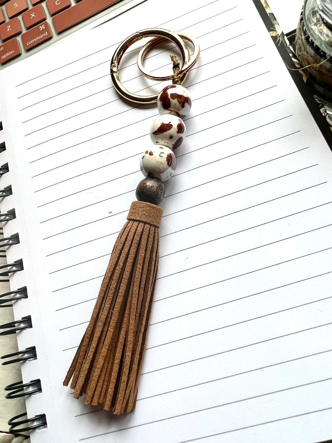 Cow Print and Leather Keychain - Etsy