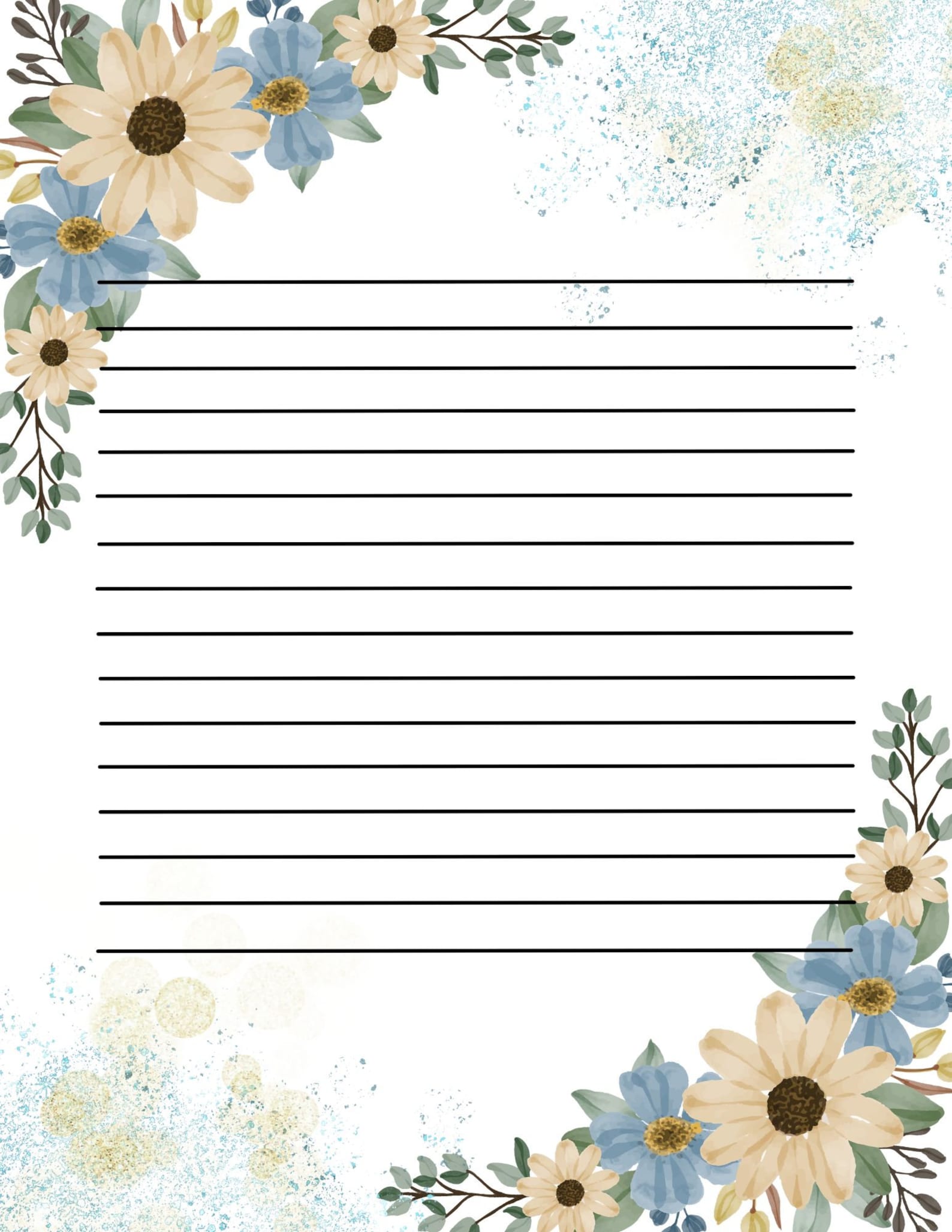 Blue Floral Printable Stationery, Digital Stationery, Downloadable ...