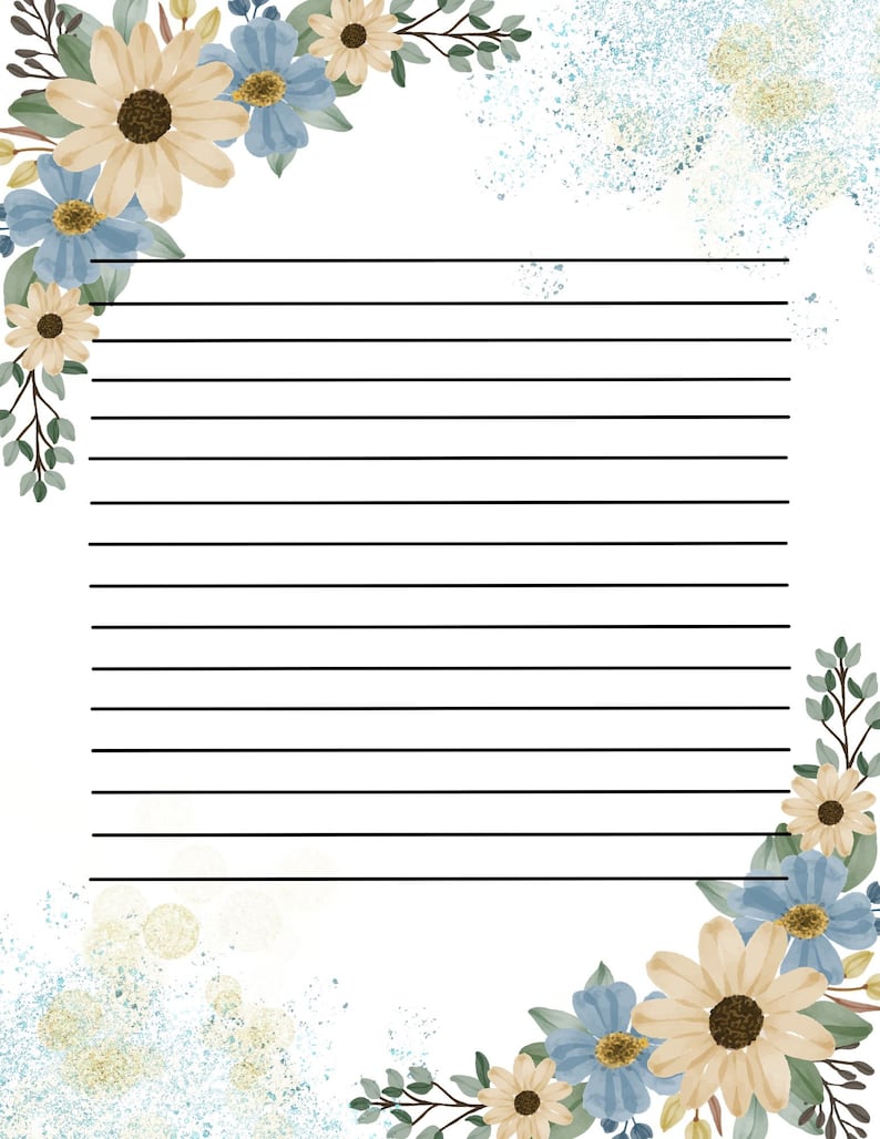 Blue Floral Printable Stationery, Digital Stationery, Downloadable ...