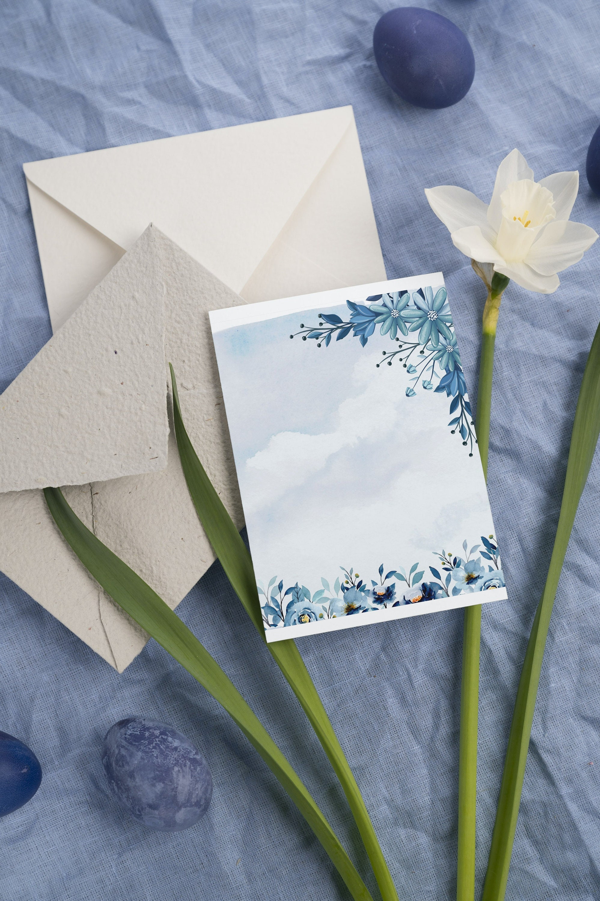 Blue Flowers Printable Stationery, Digital Stationery, Downloadable ...