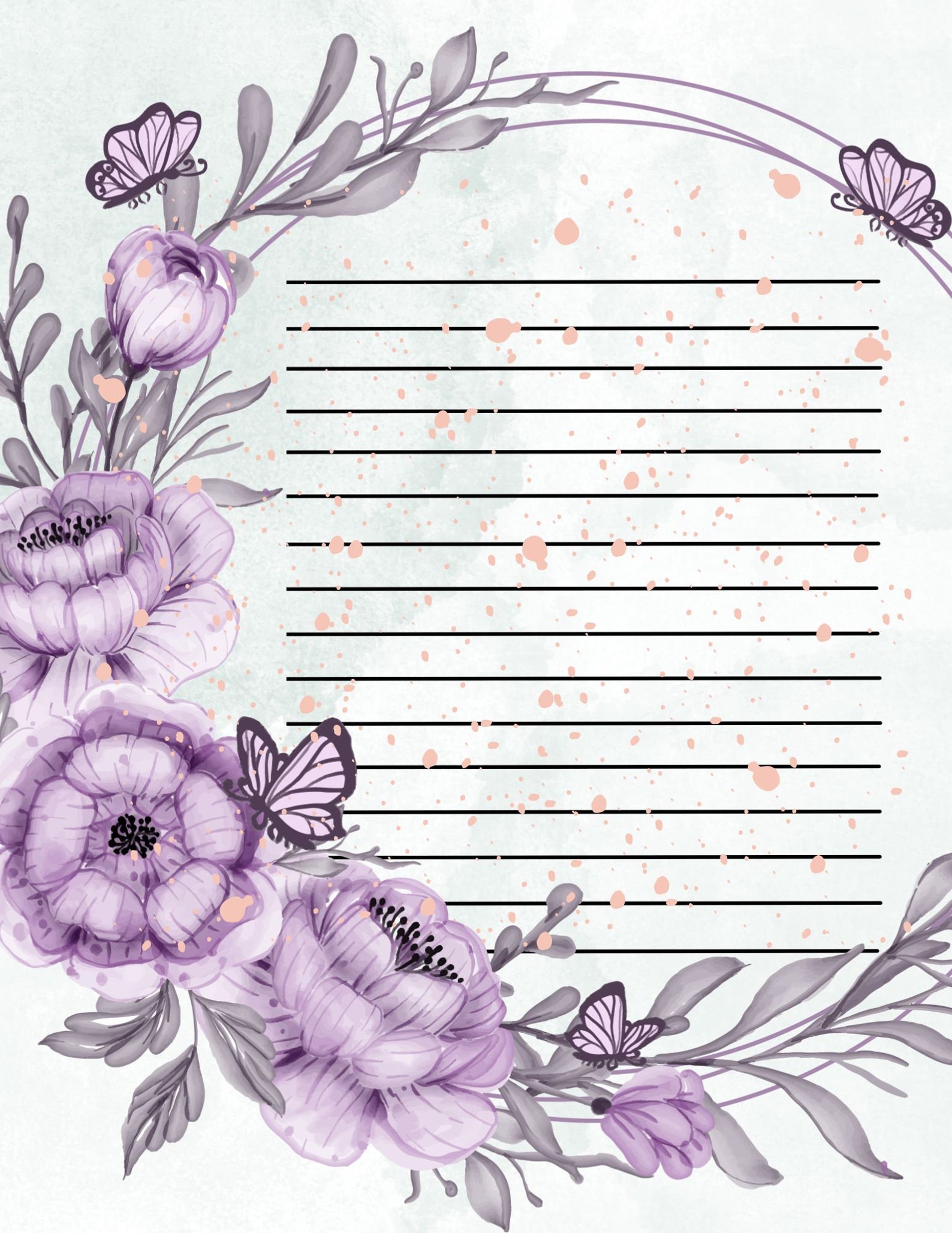 Purple Floral Wreath Printable Stationery, Digital Stationery ...