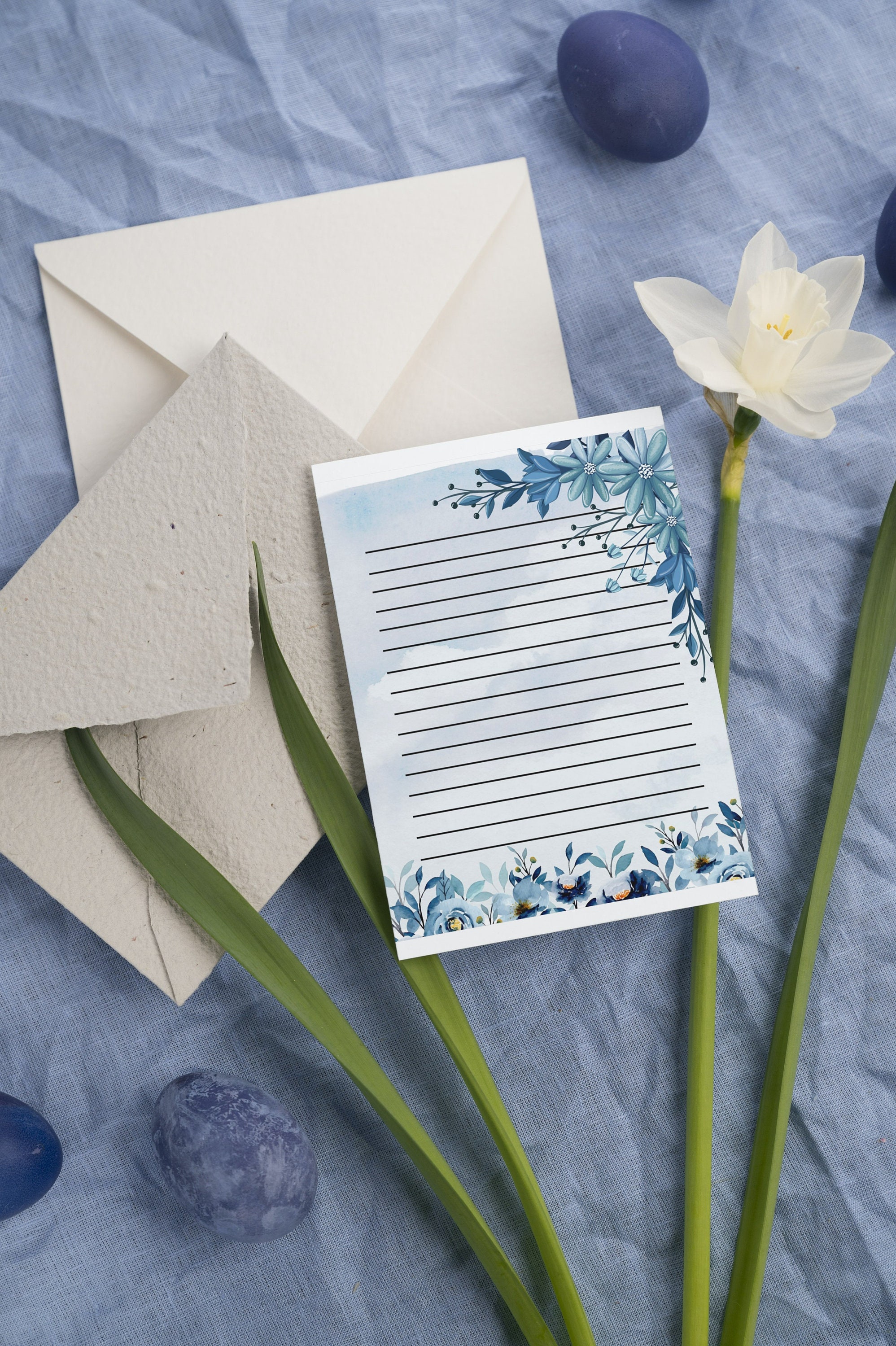 Blue Flowers Printable Stationery, Digital Stationery, Downloadable ...