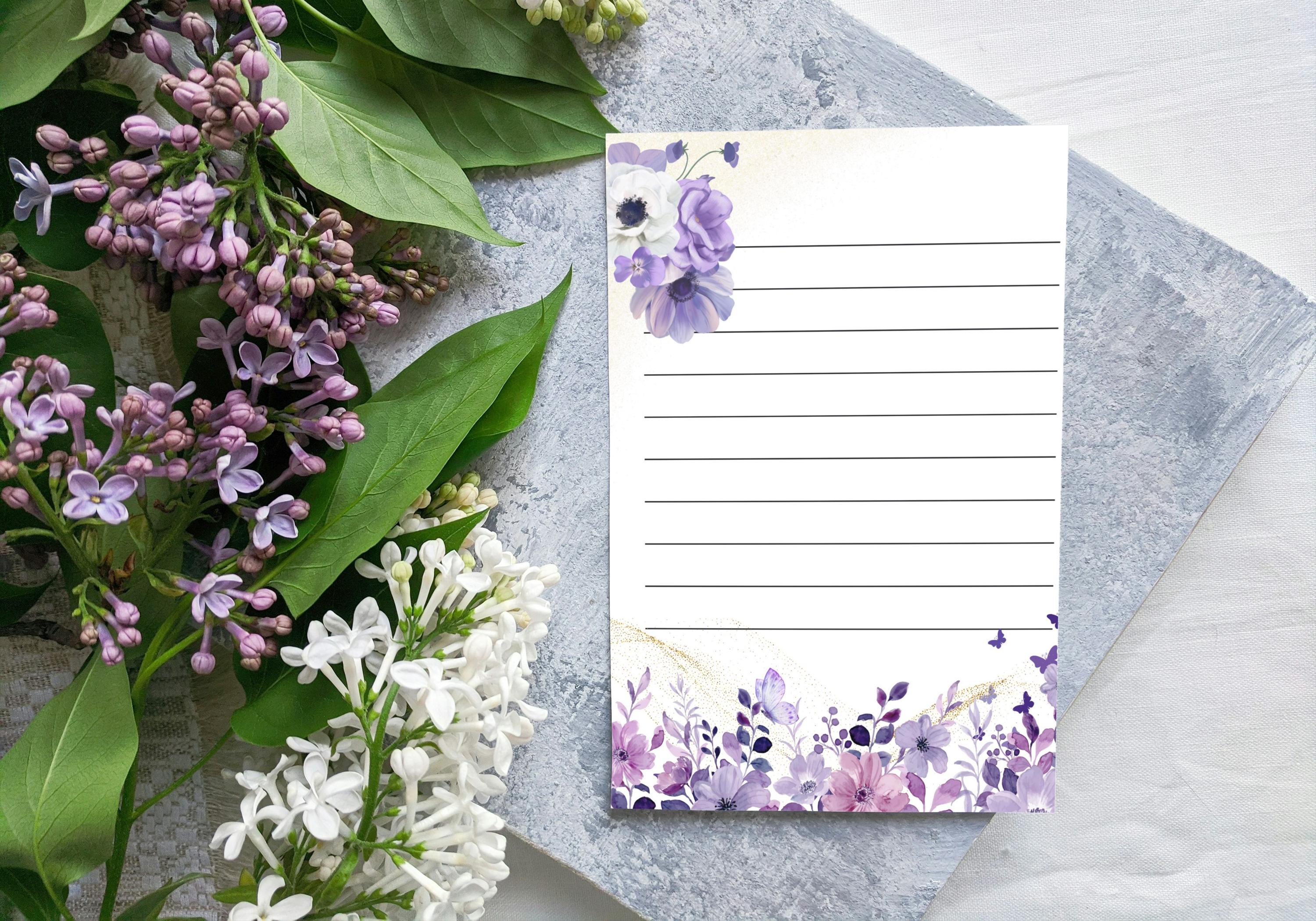 Purple Flowers Printable Stationery, Digital Stationery, Instantly ...