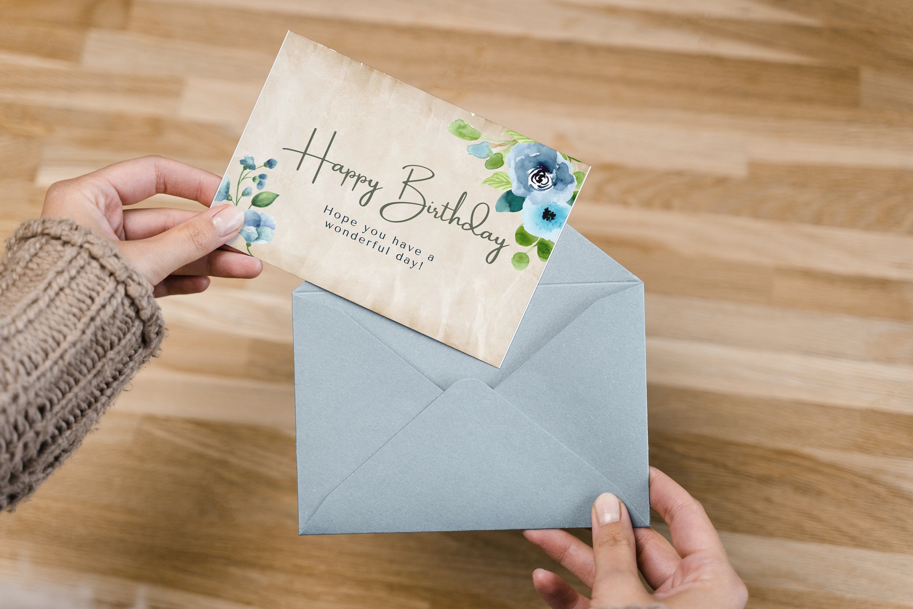 Blue Floral Printable Happy Birthday Card, Digital Card, Instant ...
