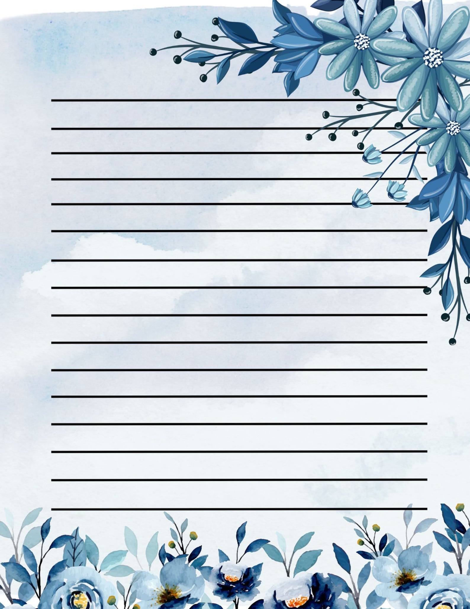 Blue Flowers Printable Stationery, Digital Stationery, Downloadable ...