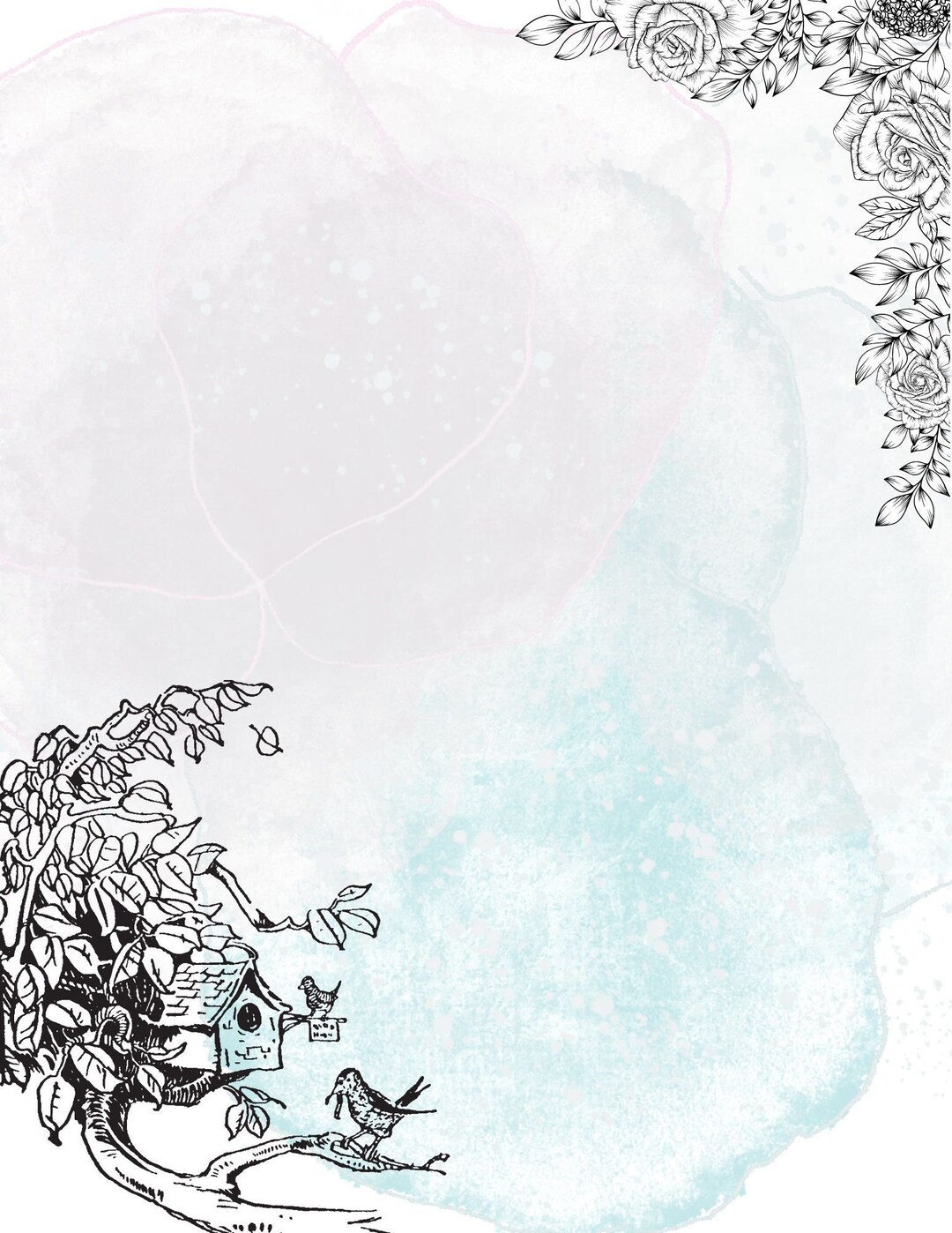 Floral Teal With Black Accents Printable Stationery, Digital Stationery ...