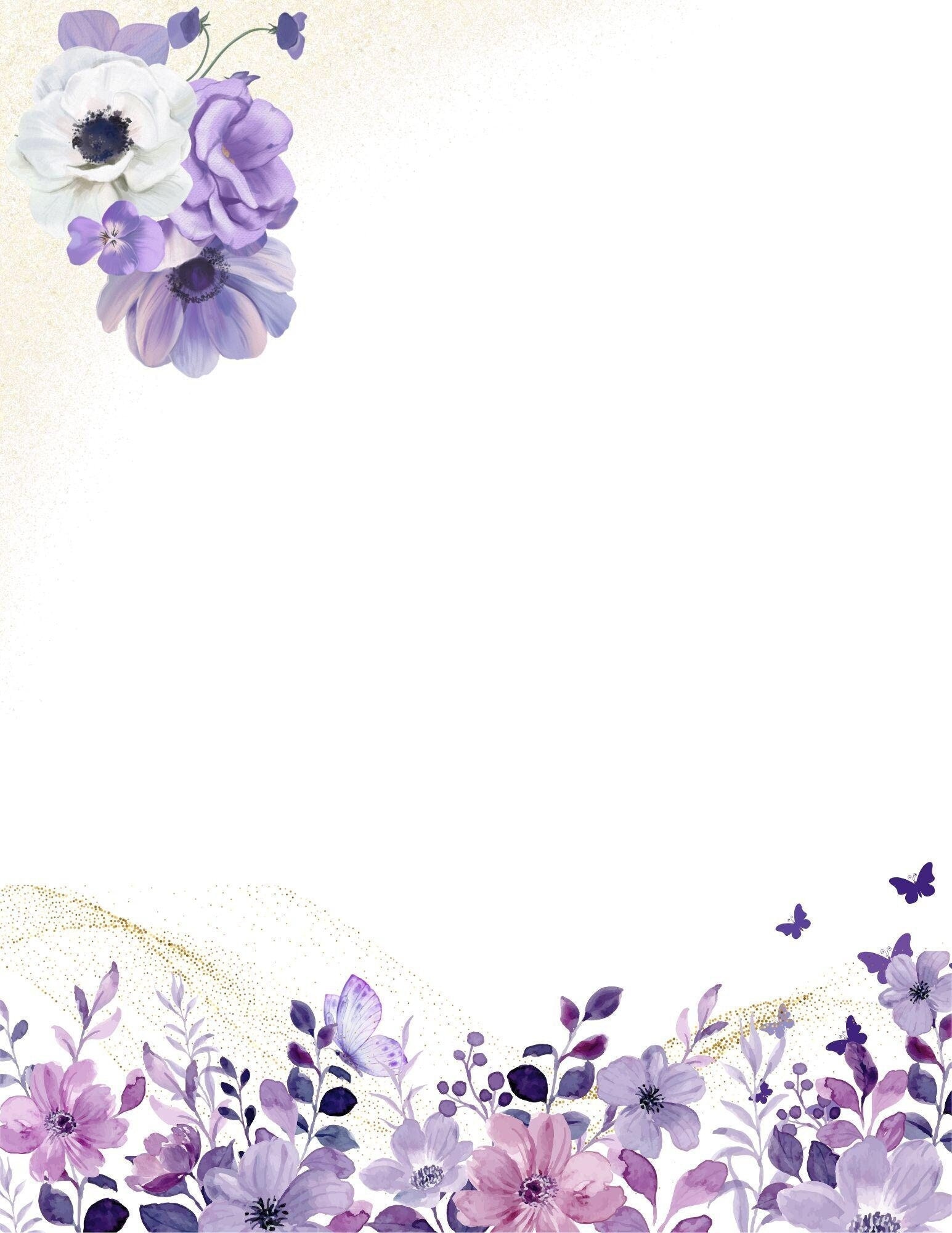Purple Flowers Printable Stationery, Digital Stationery, Instantly ...