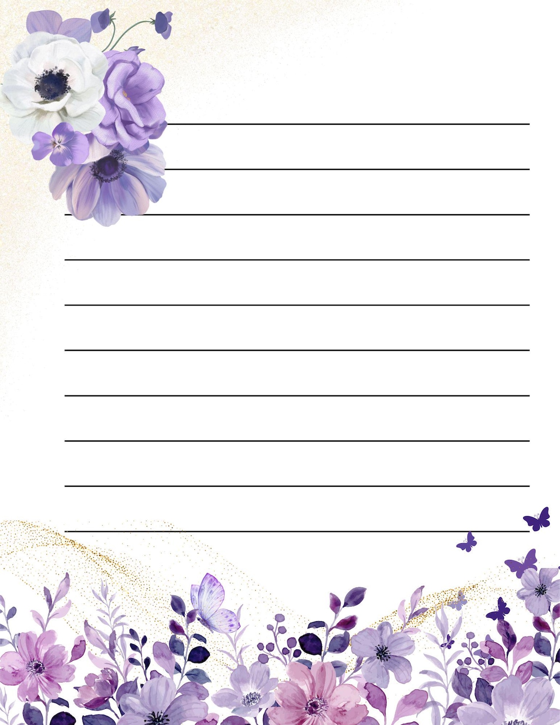 Purple Flowers Printable Stationery, Digital Stationery, Instantly ...