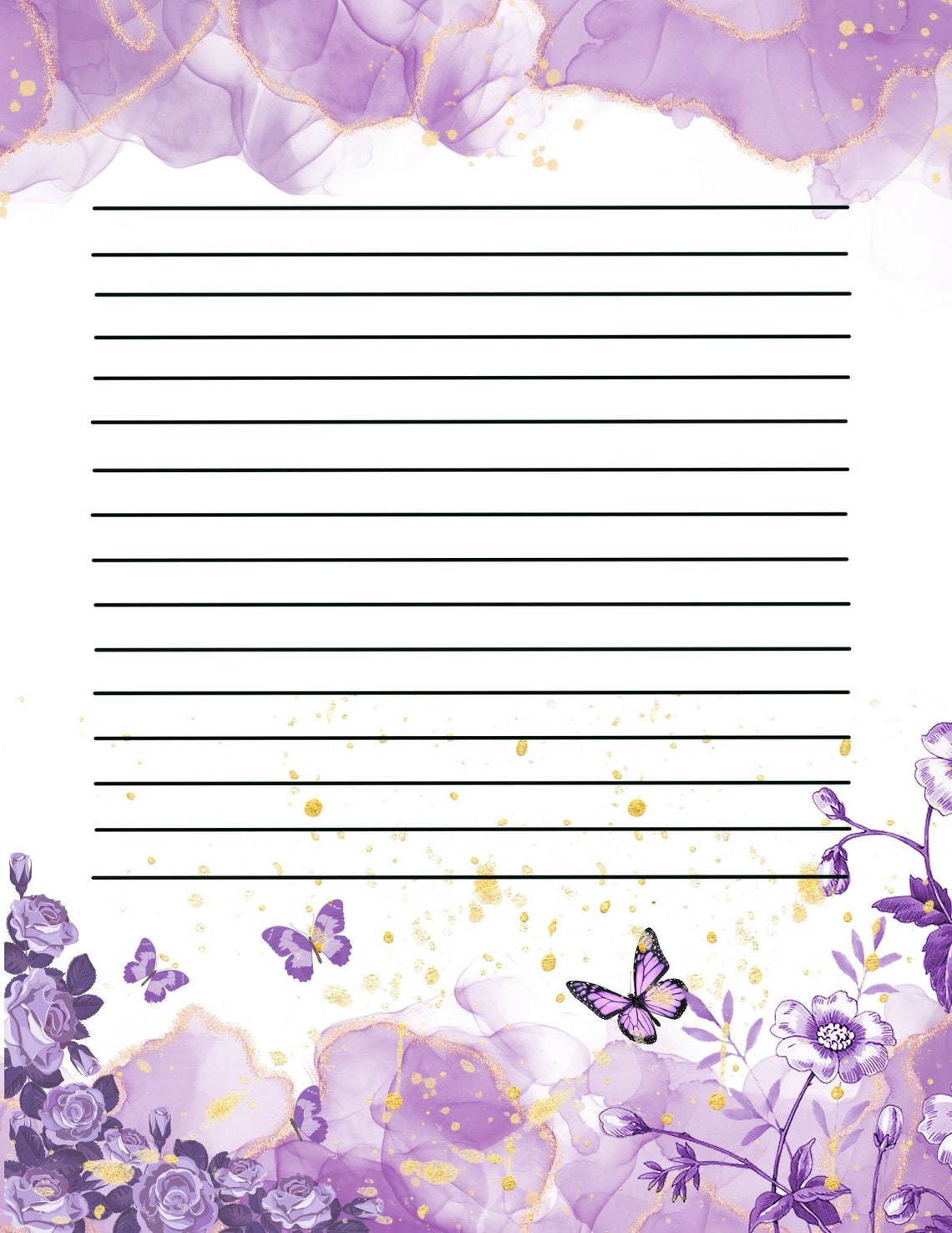 Purple Floral Printable Stationery, Digital Stationery, Instantly ...