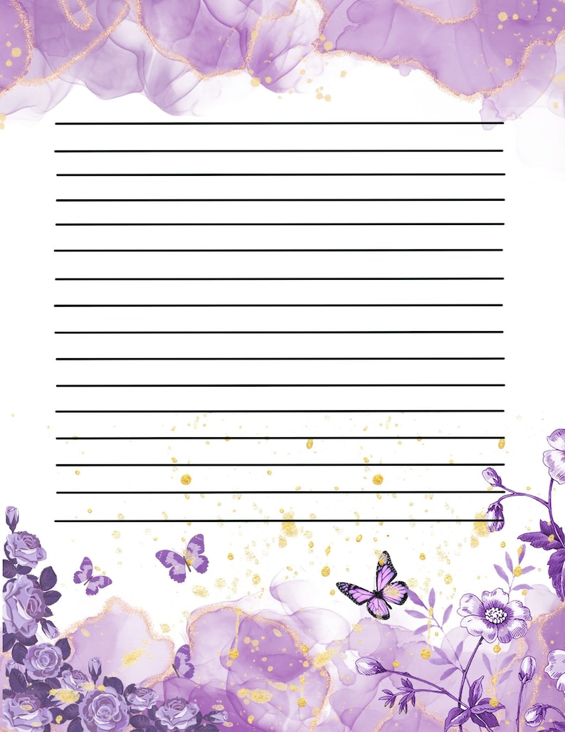Purple Floral Printable Stationery, Digital Stationery, Instantly ...