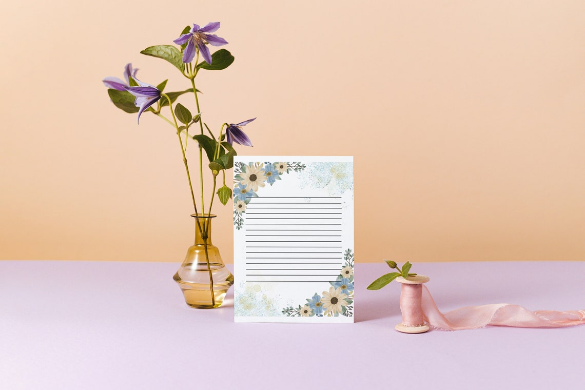 Blue Floral Printable Stationery, Digital Stationery, Downloadable ...