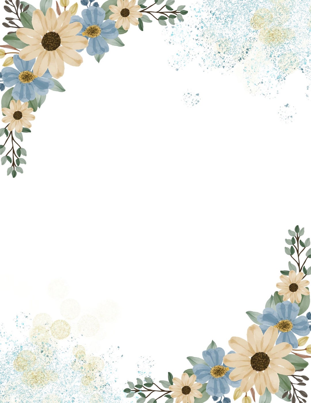 Blue Floral Printable Stationery, Digital Stationery, Downloadable ...