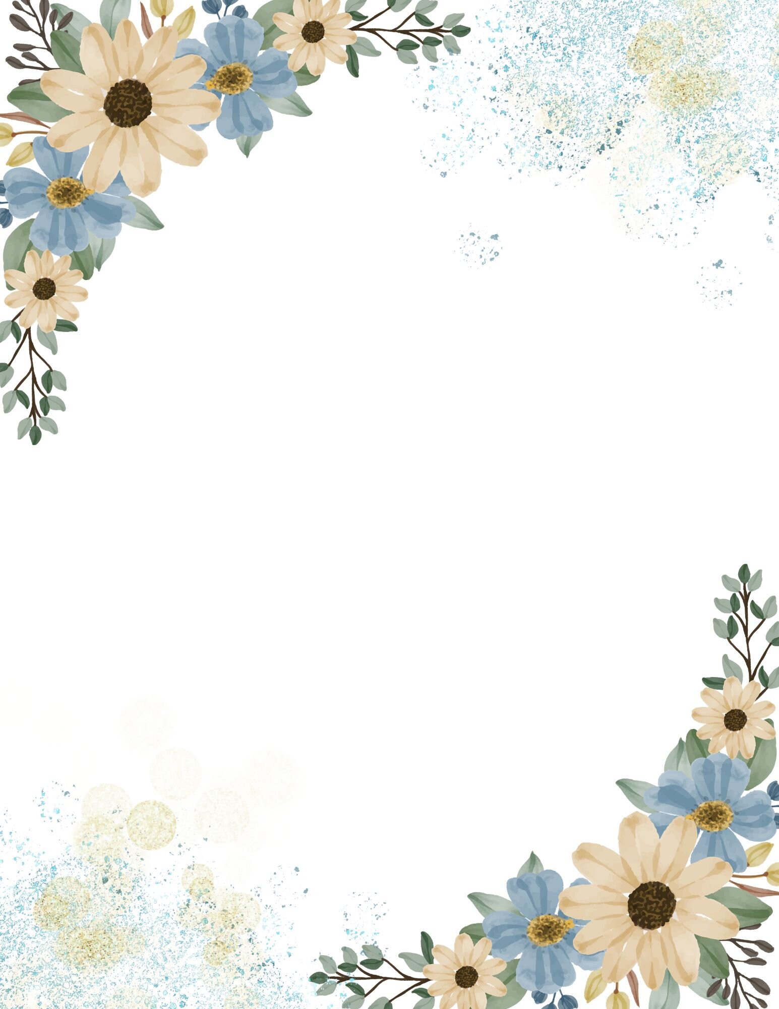 Blue Floral Printable Stationery, Digital Stationery, Downloadable ...