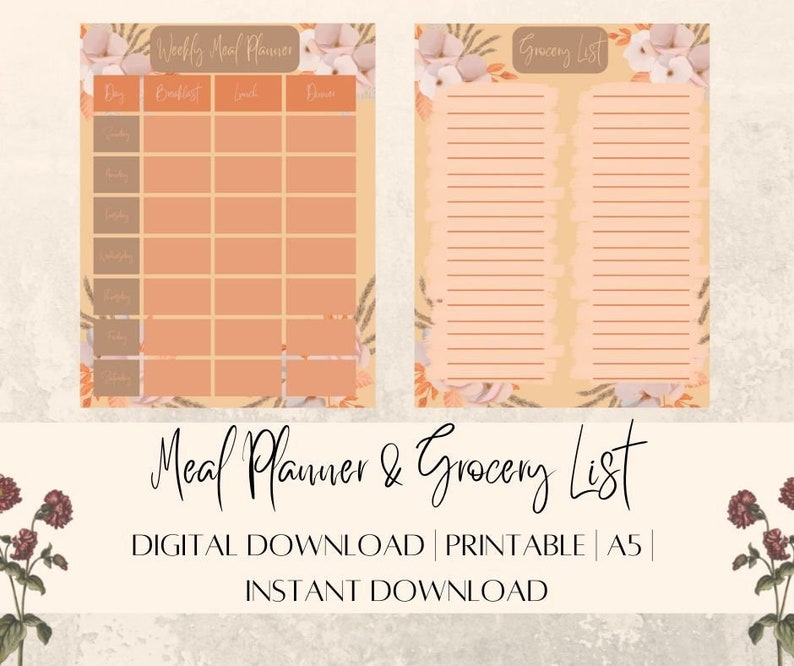 Rustic Meal Planner & Grocery List | Digital Download | Grocery List ...