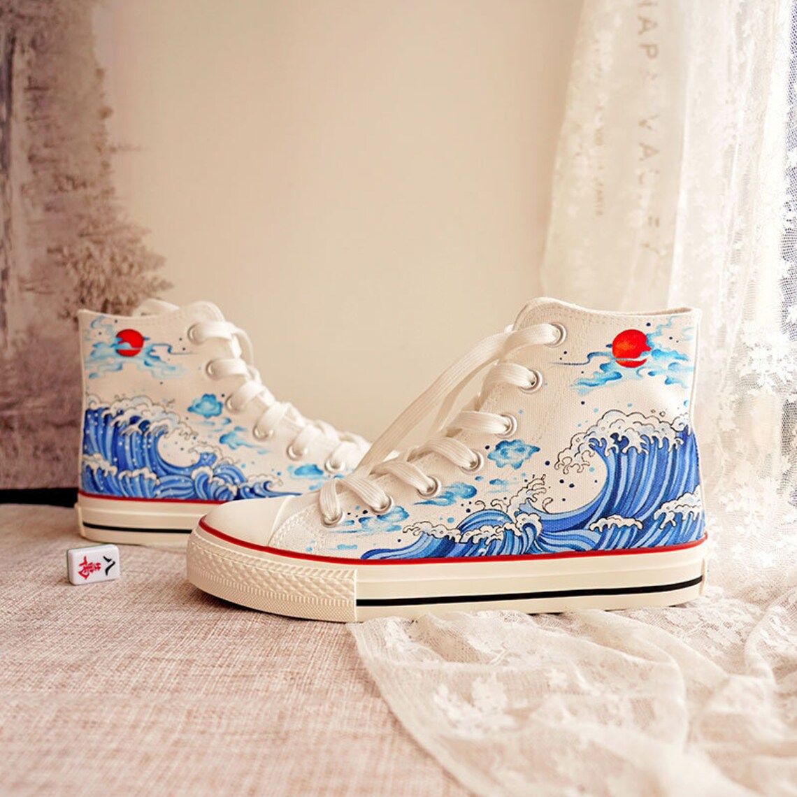 Hand Painted Waterproof Sea Wave Shoes,hi Top Custom Painted Shoes ...
