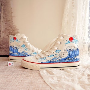 Hand Painted Waterproof Sea Wave Shoes,hi Top Custom Painted Shoes ...