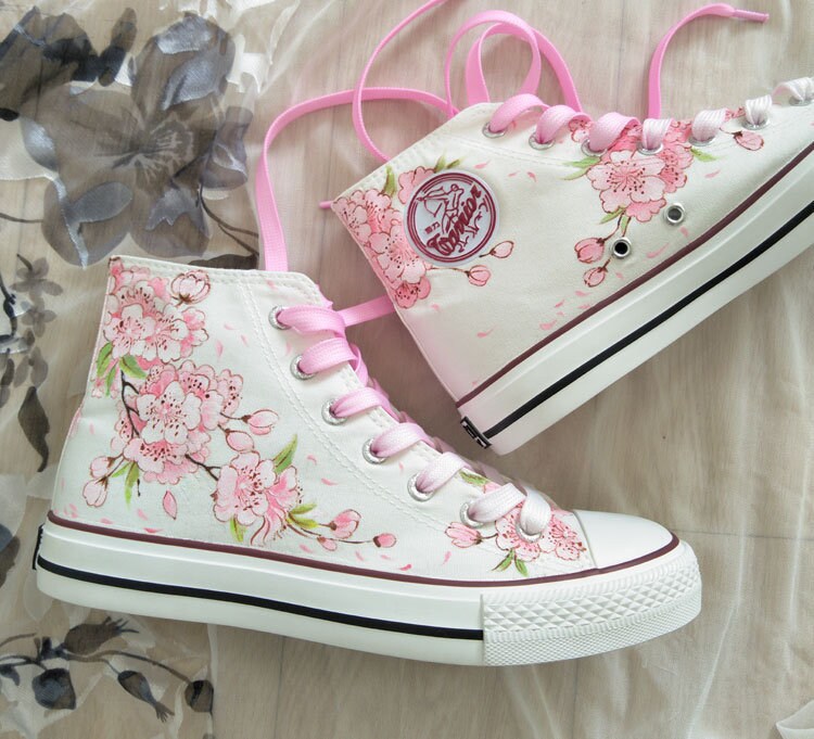 Hand Painted Pink Flower ShoesCasual High top Custom Lace | Etsy