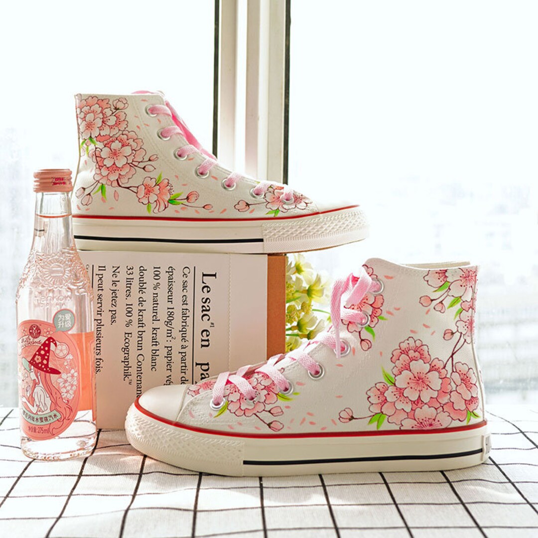 Hand-painted Pink Peach Blossom Shoes,drawn High Top Sneaker,custom ...