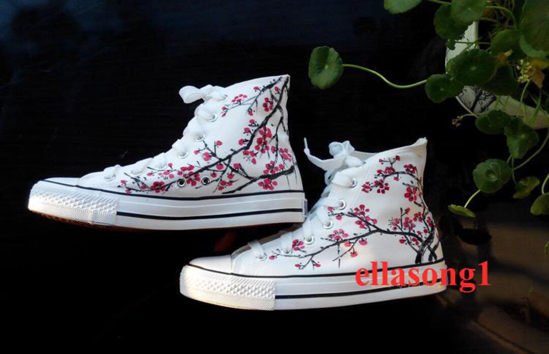 Hand Painted Plum Blossom Shoes,hi Top Custom Painted Shoes,casual Lace ...