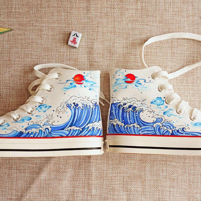 Hand Painted Waterproof Sea Wave Shoes,hi Top Custom Painted Shoes ...